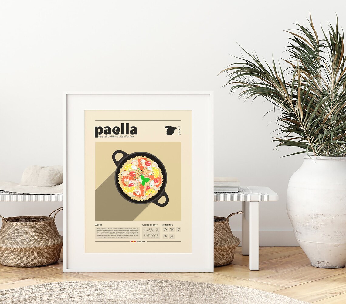Paella Poster Food Print Spain Food Retro Poster | Etsy