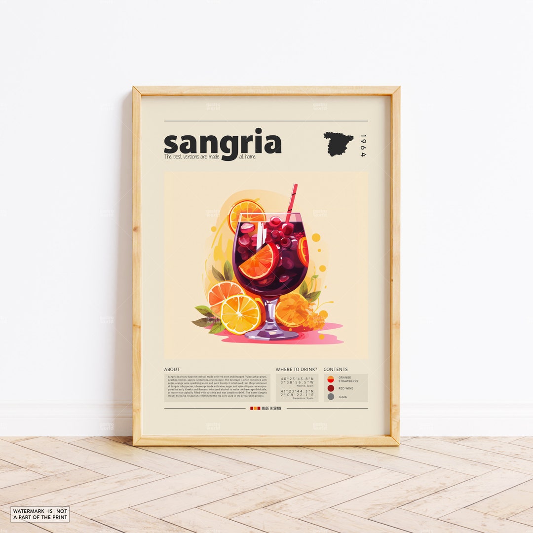 Sangria Poster, Cocktail Print, Spanish Poster, Retro Poster ...