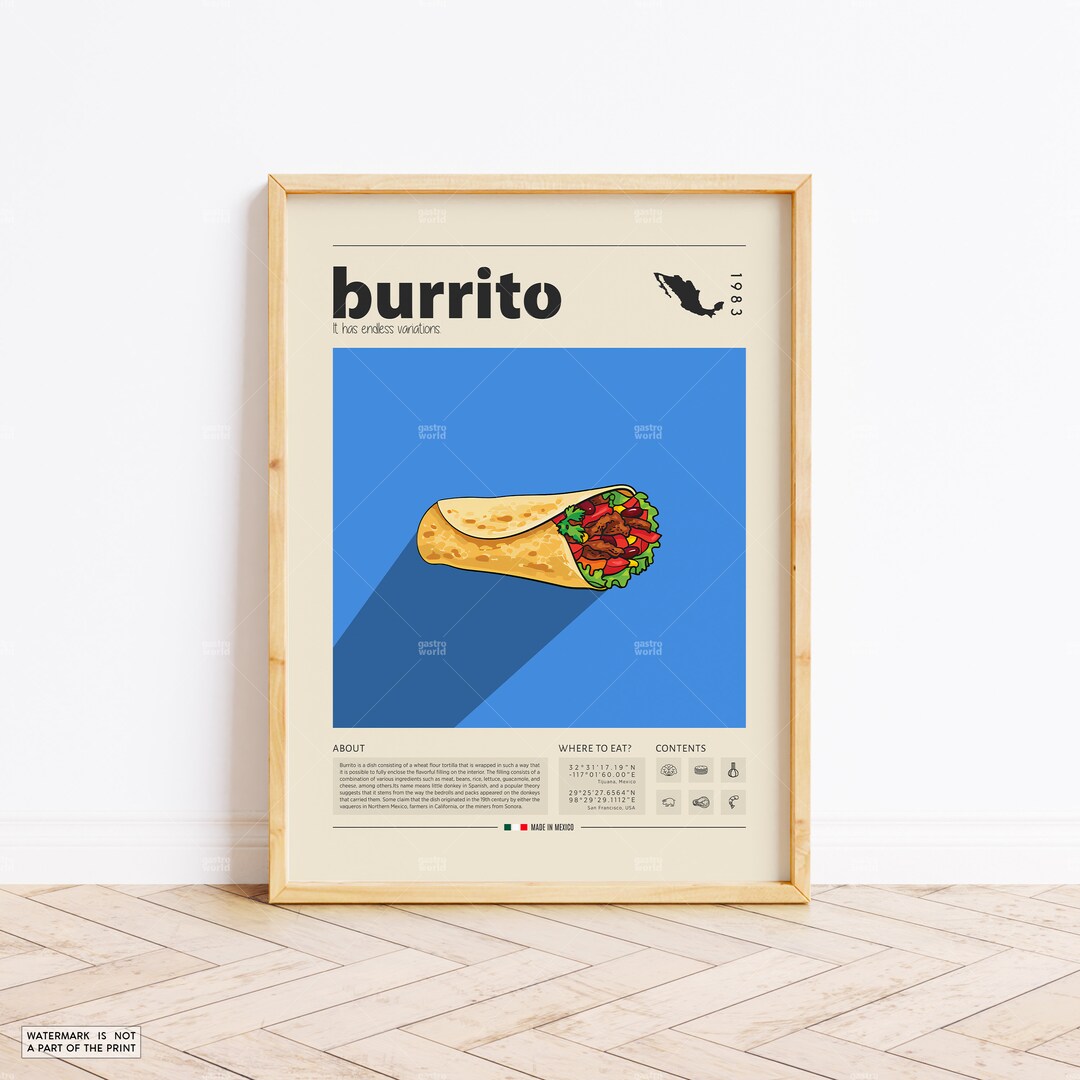 Burrito Poster, Food Print, Mexico Food, Retro Poster, Housewarming ...