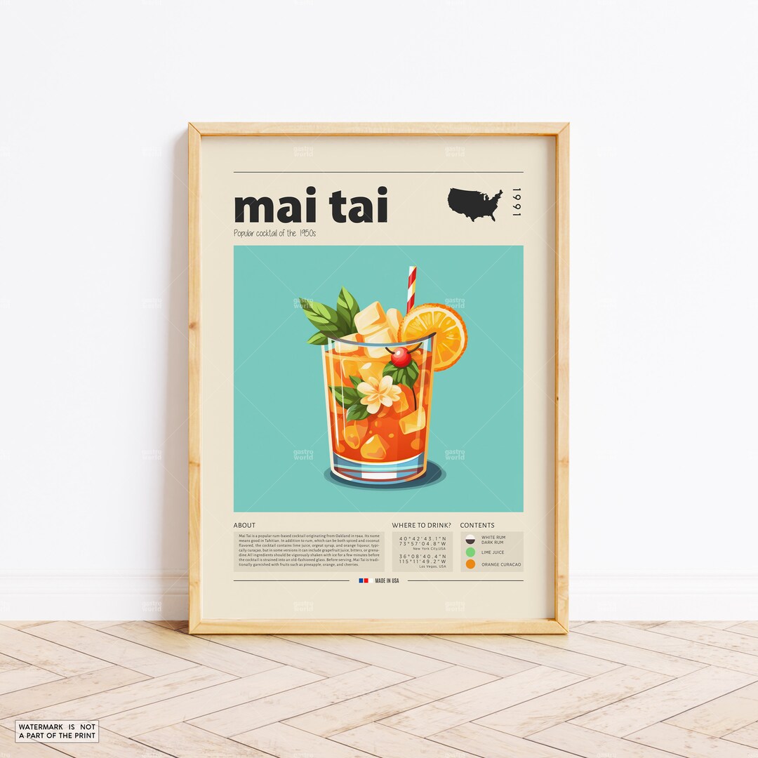 Mai Tai Poster, Cocktail Print, USA Cocktail, Retro Poster ...