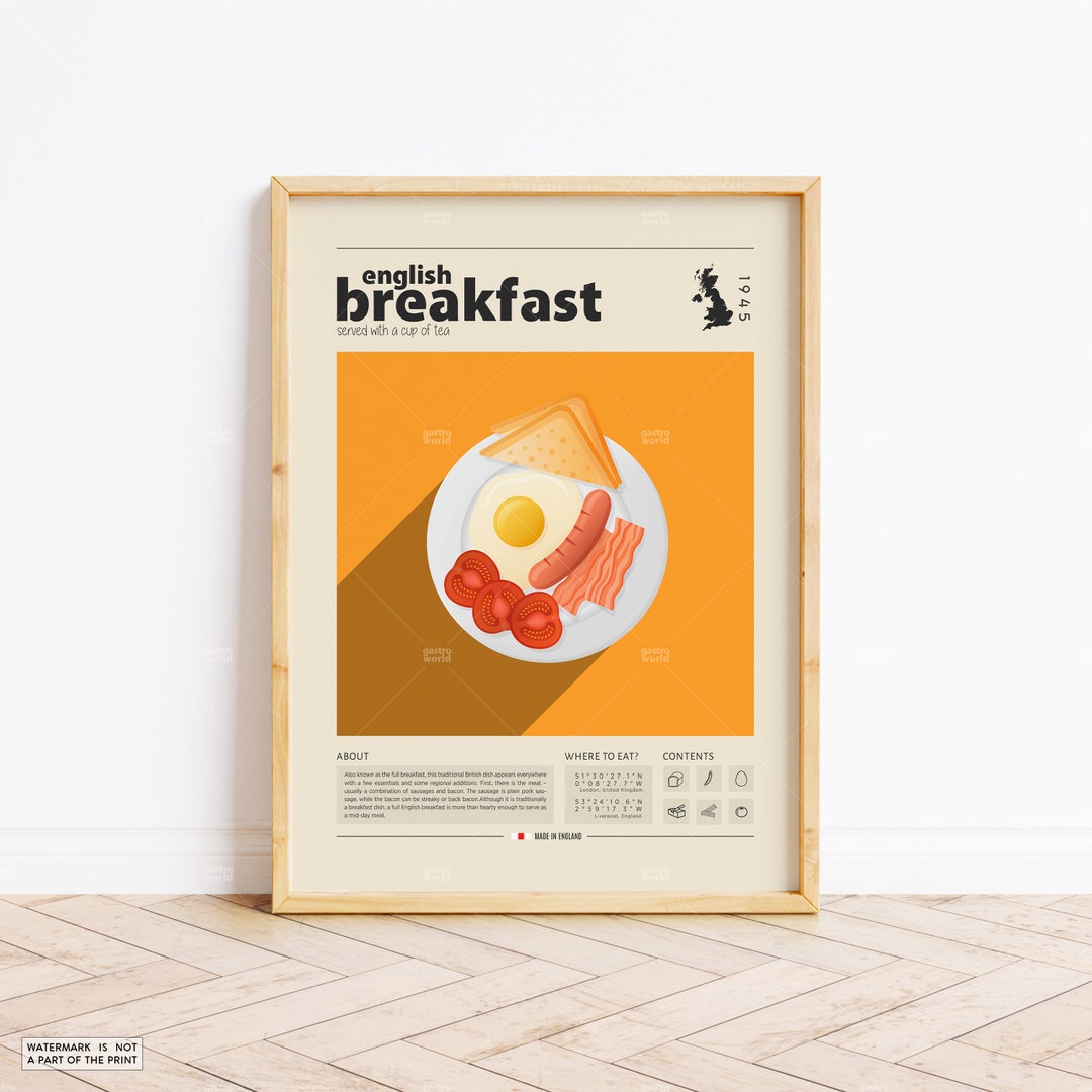 English Breakfast Food Print, English Food, Retro Poster, Housewarming ...