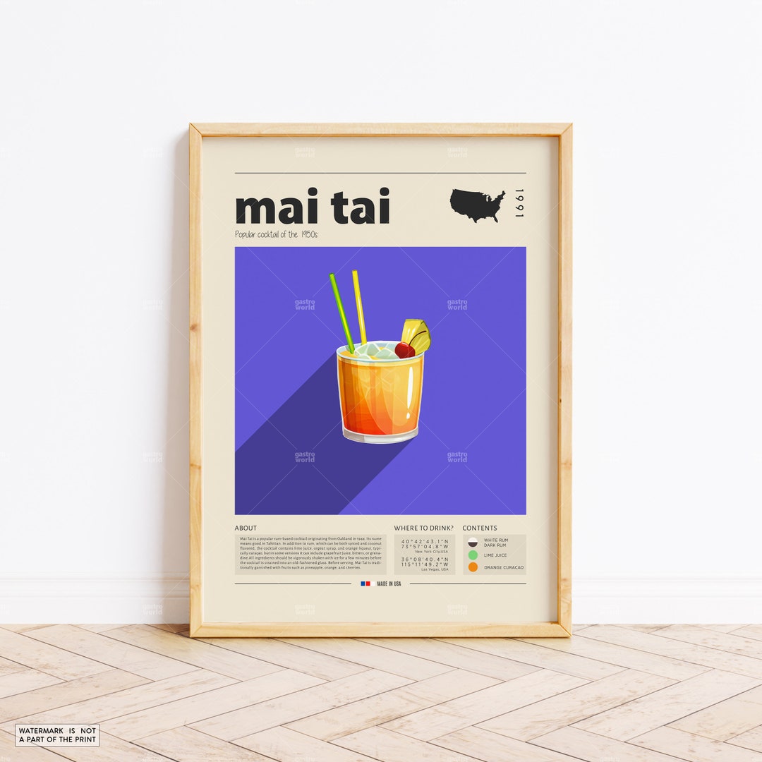 Mai Tai Poster, Cocktail Print, USA Cocktail, Retro Poster ...