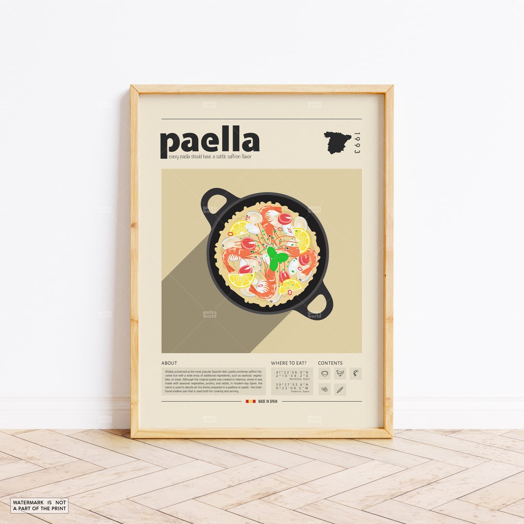 Paella Poster, Food Print, Spain Food, Retro Poster, Housewarming Gift ...