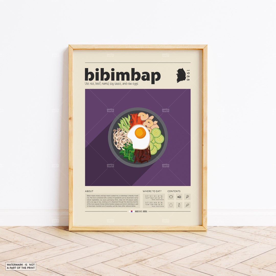 Bibimbap Poster, Food Print, Korean Food, Retro Poster, Housewarming ...