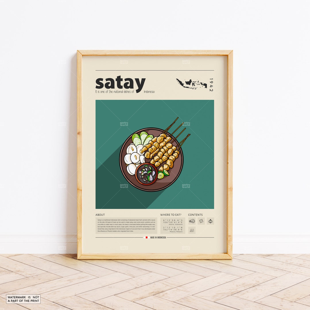 Satay Poster, Food Print, Indonesian Food, Retro Poster, Housewarming ...