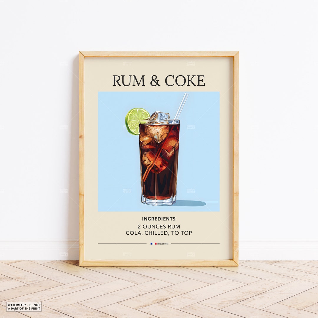 Rum & Coke Cocktail Art Print | Bar Cart Wall Decor | Printable Alcohol ...