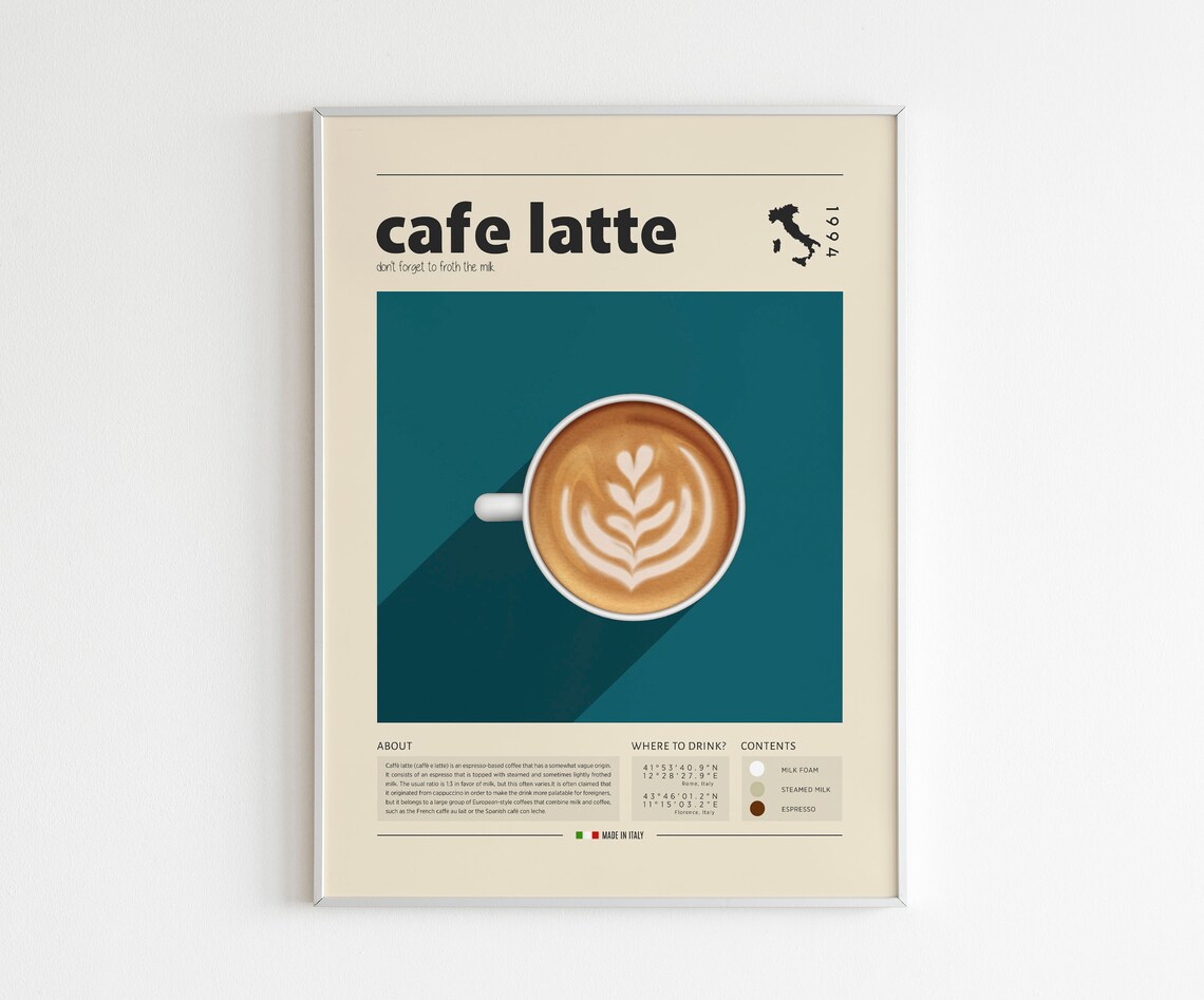 Cafe Latte Poster Coffee Print Italıan Coffee Retro Poster | Etsy