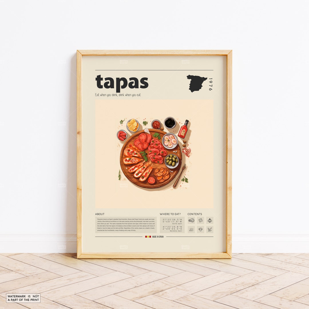 Tapas Poster, Food Print, Spanien Essen, Retro Poster, Housewarming ...