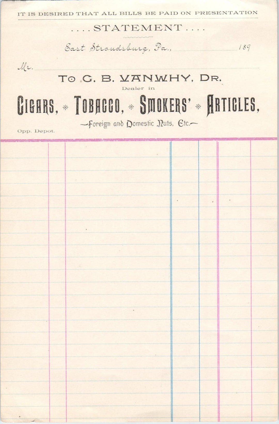 C.B. Vanwhy Cigars, Tobacco East Stroudsburg PA Original Billhead ...