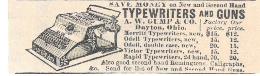 A.W. Gump & Co Typewriters and Guns Dayton OH 1892 Magazine Ad AB6-S1 ...