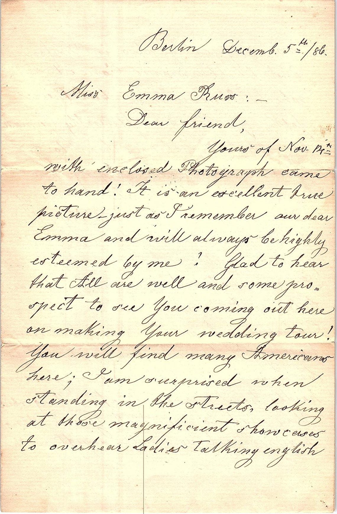 1886 Handwritten Letter From Berlin Germany to Emma Russ Boston AF3-17 ...