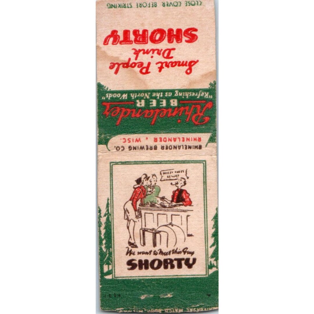Shorty Beer Rhinelander Brewing Co Wisconsin Vintage Matchbook Cover ...
