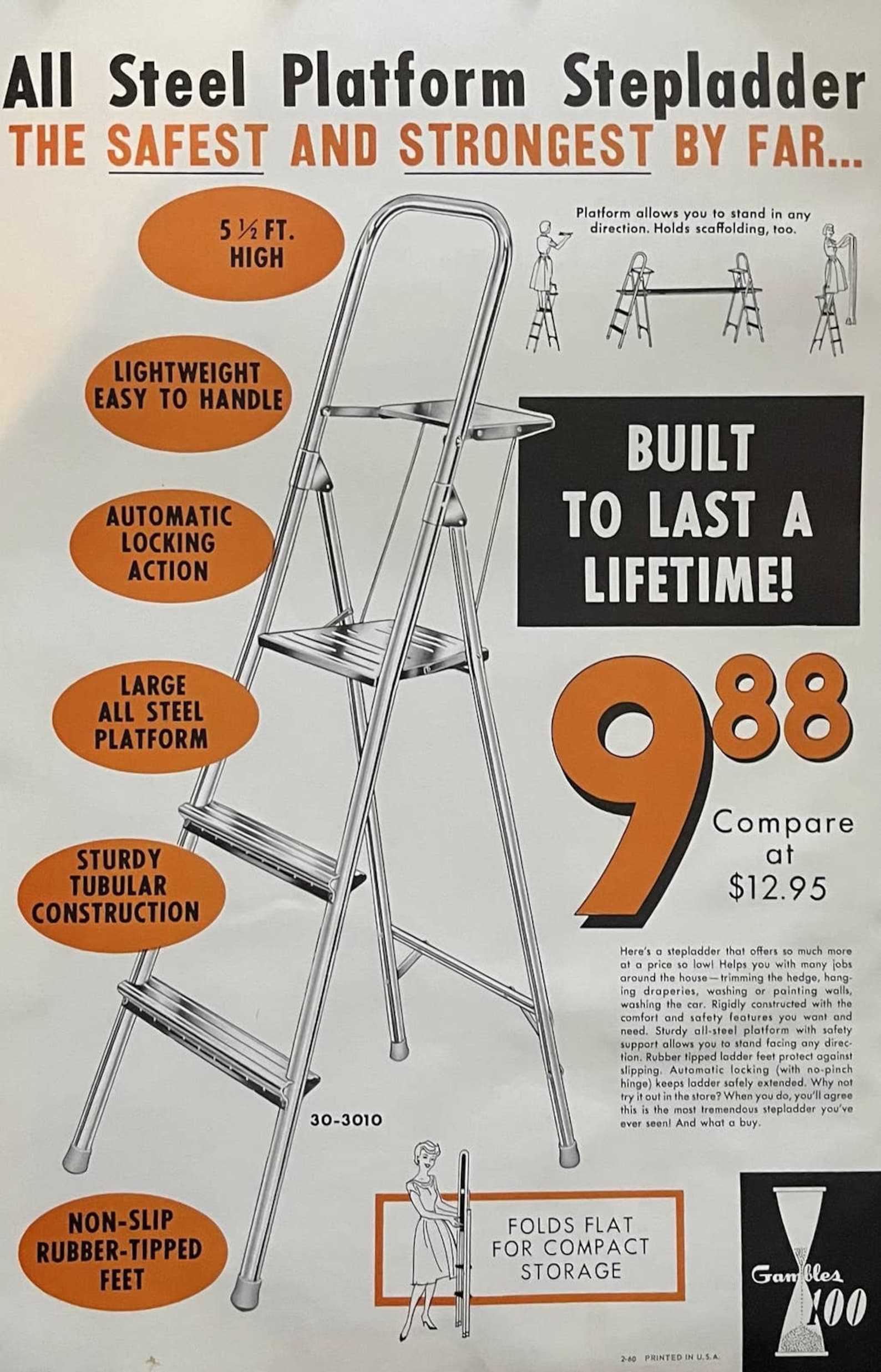 1960 Steel Step Ladder Gambles Retail Store Display Advertising Poster ...