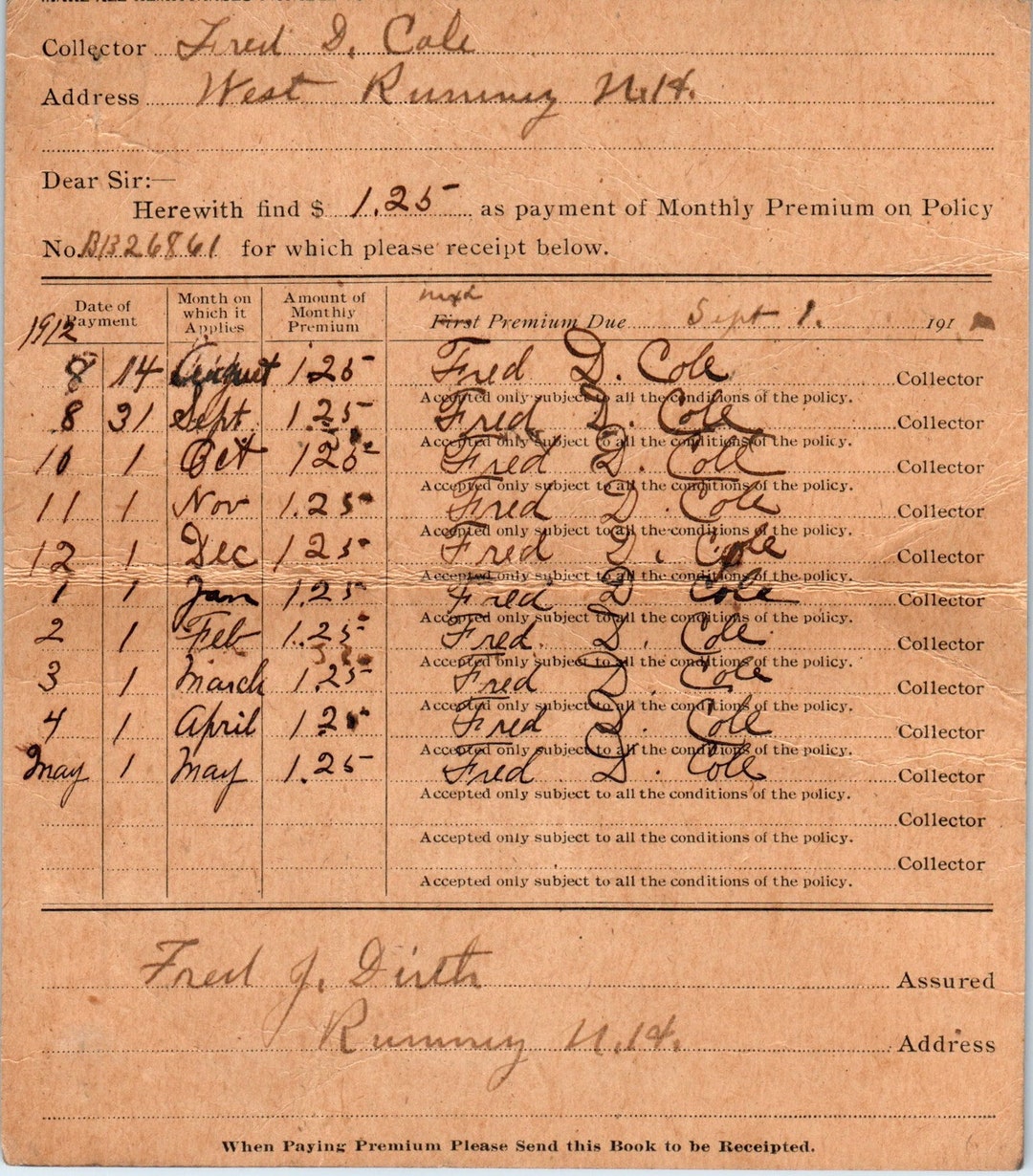 C1910 National Life Ins Receipt Book Fred D. Cole West Rumney NH D23 - Etsy