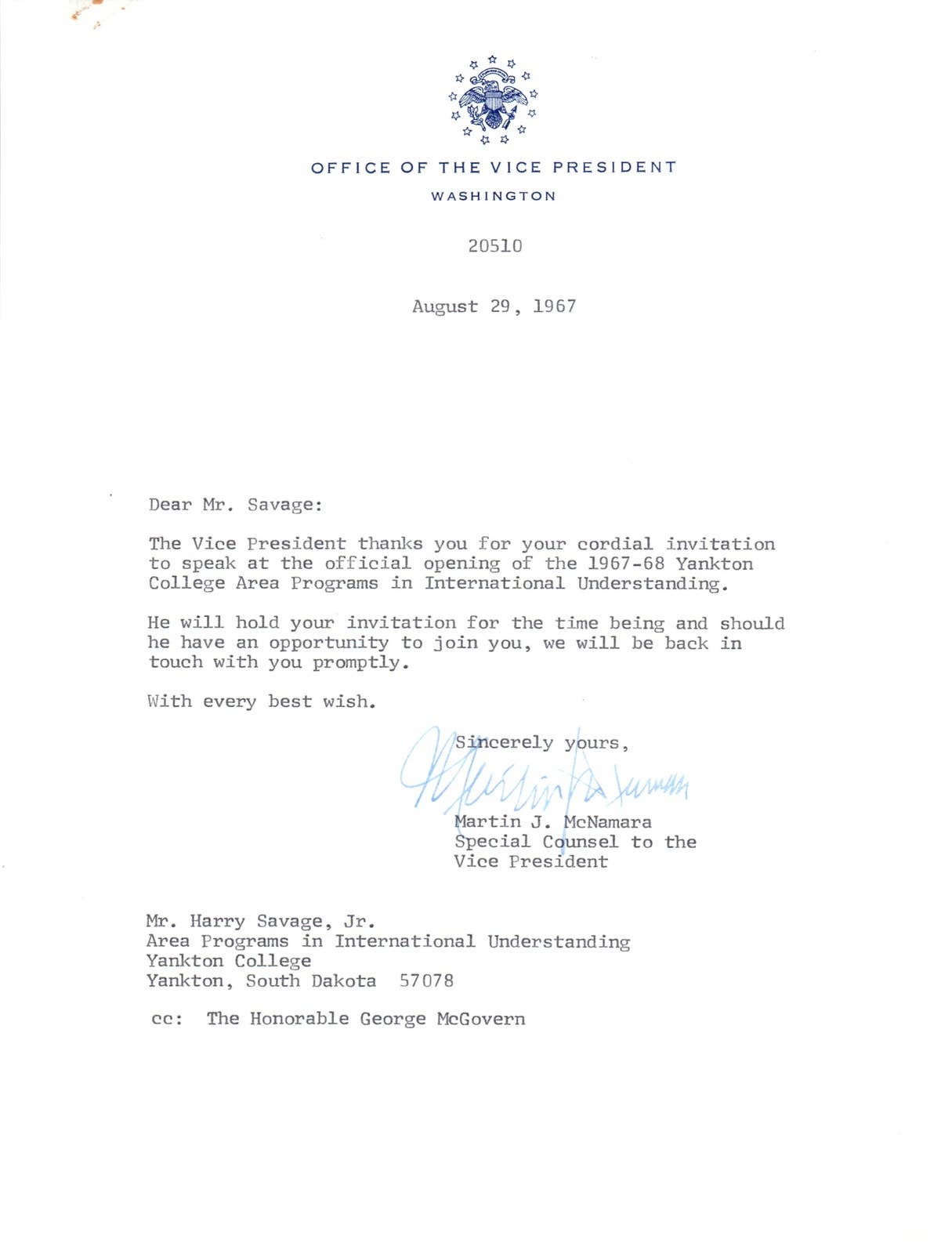 Vice President Official Letterhead Signed Martin J. Mcnamara Aug 29 ...