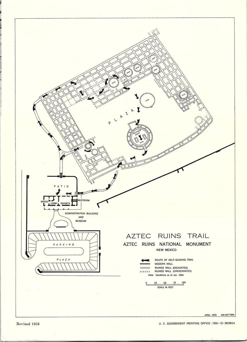 1956 Aztec Ruins National Monument Tourist Souvenir Fold Out Brochure ...