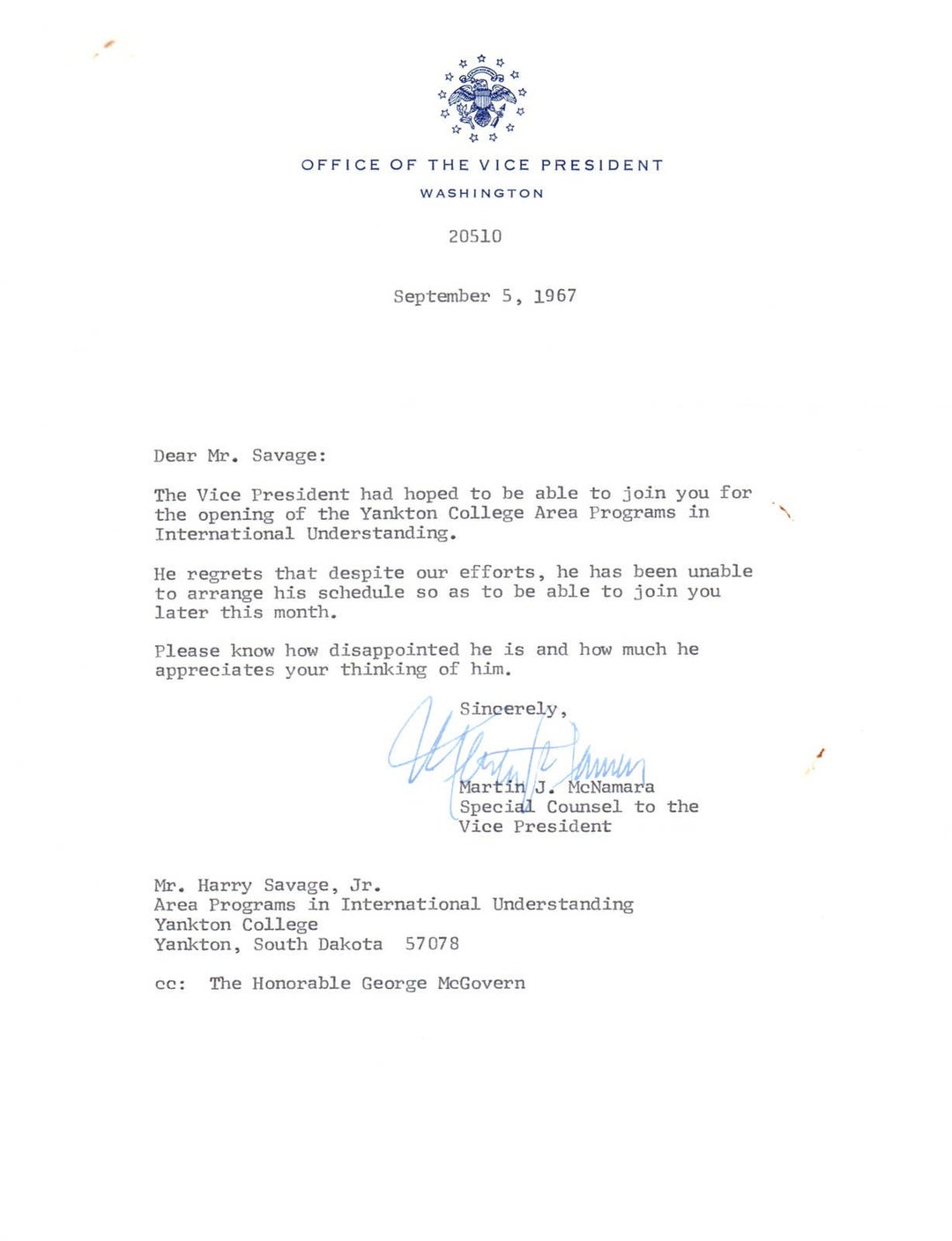 Vice President Official Letterhead Signed Martin J. Mcnamara Sep 5 1967 ...