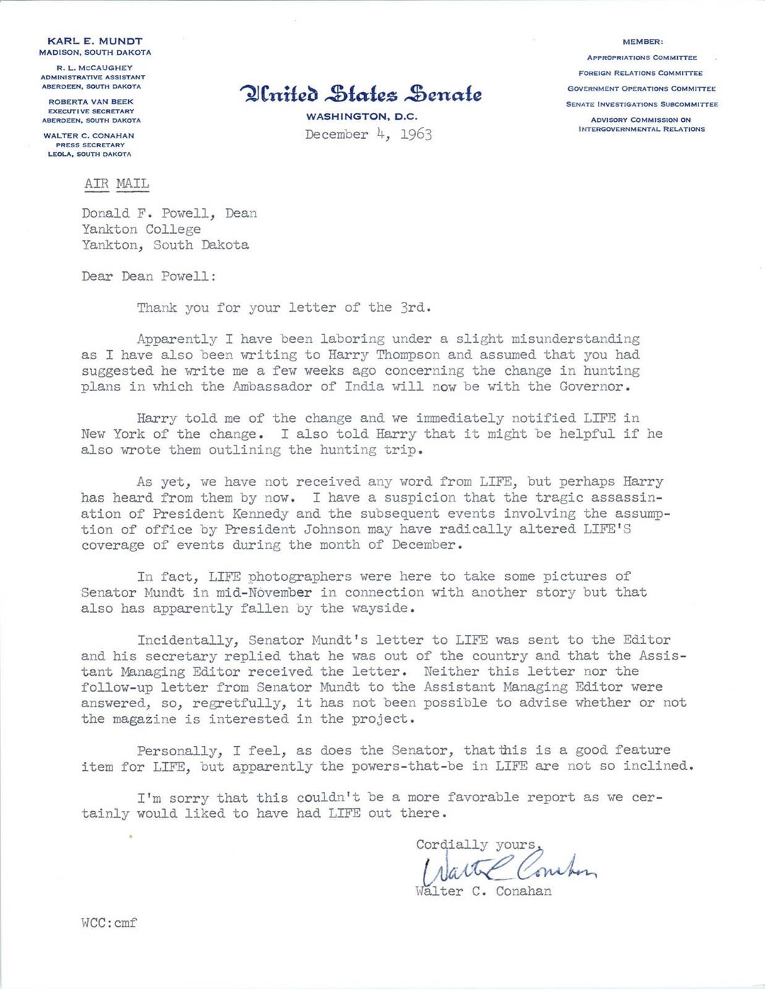 Senator Karl Mundt Official Letterhead Signed by Walter C. Conahan 1963 ...