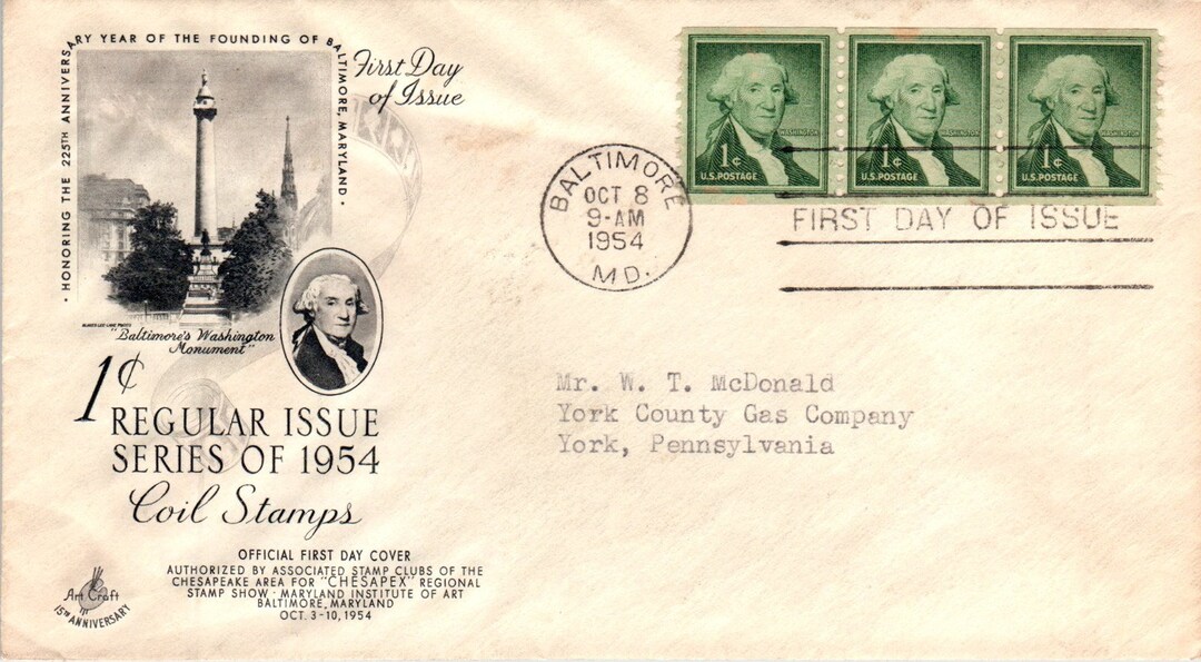 1954 1 Cent Regular Issue Coil Stamp First Day of Issue Baltimore MD ...