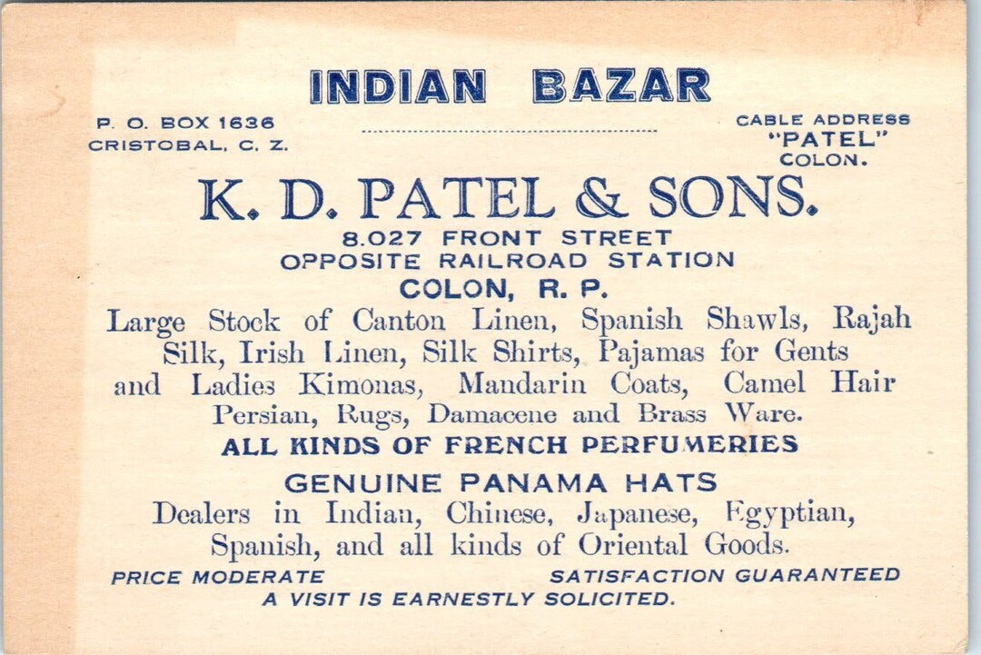 C1900 K.D. Patel & Sons Business Card Cristobal C.Z. Panama Indian ...