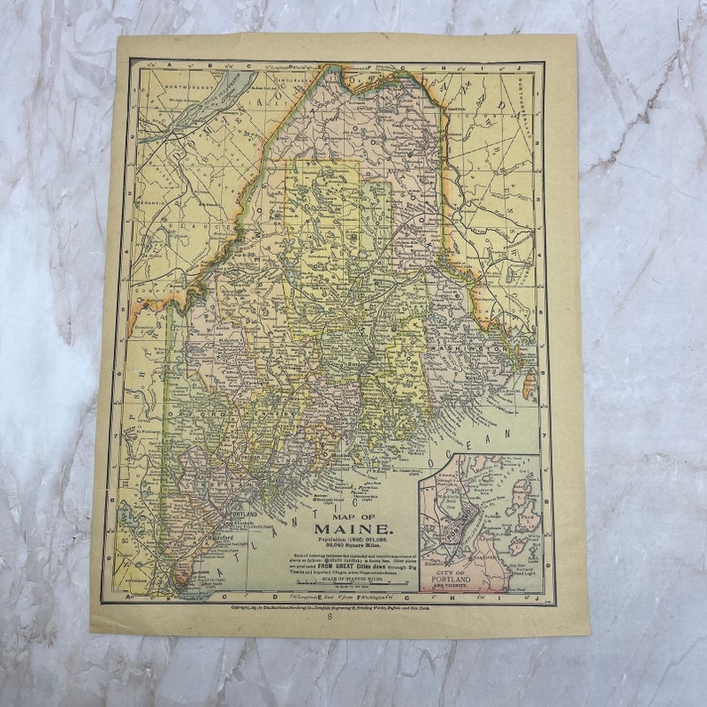 1899 Map of Maine 10x13 Original Tinted Map Engraving FL6-8 - Etsy