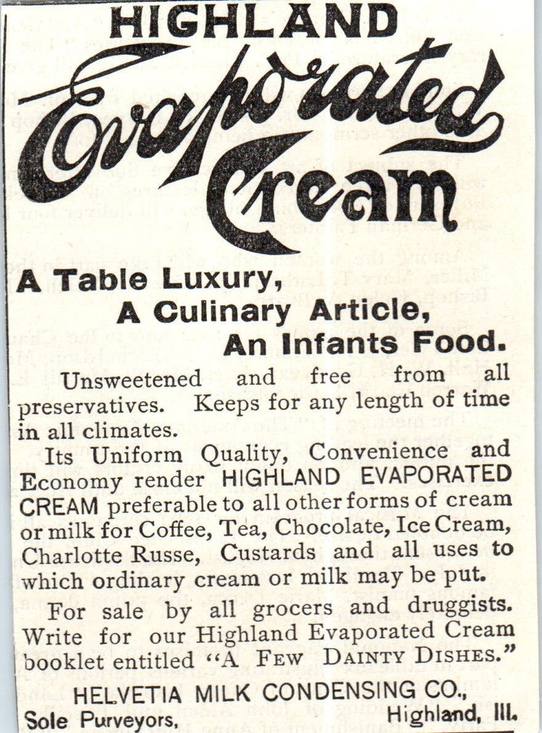 Highland Evaporated Cream Helvetia Milk Condensing Co Highland C1890 Ad ...