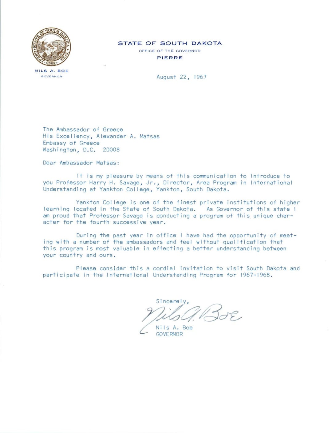 Official South Dakota Governor Letterhead Signed Nils A. Boe 1967 TK1 ...