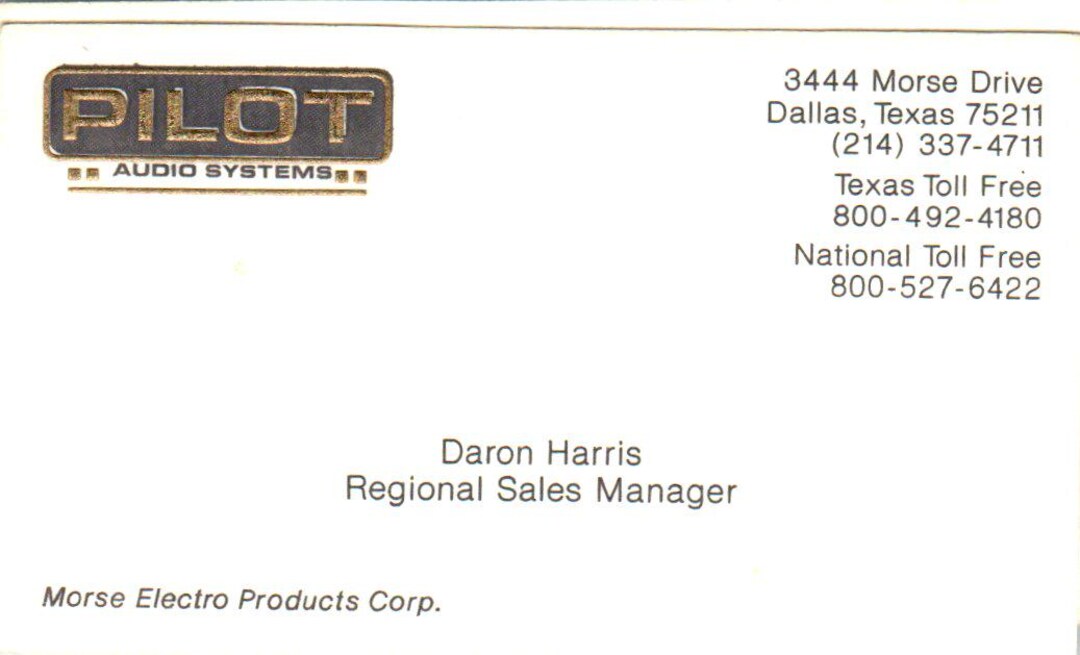 Daron Harris Pilot Audio Systems Dallas TX Vintage Business Card SD8-B5 ...