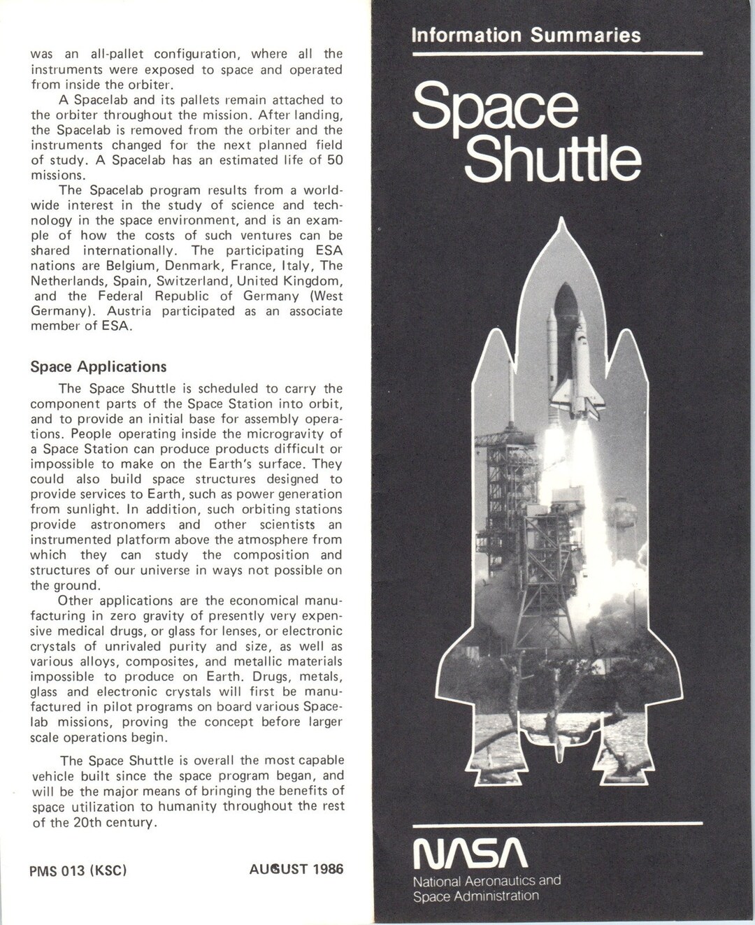 1986 NASA Information Summaries Space Shuttle Travel Brochure TF4-BA - Etsy