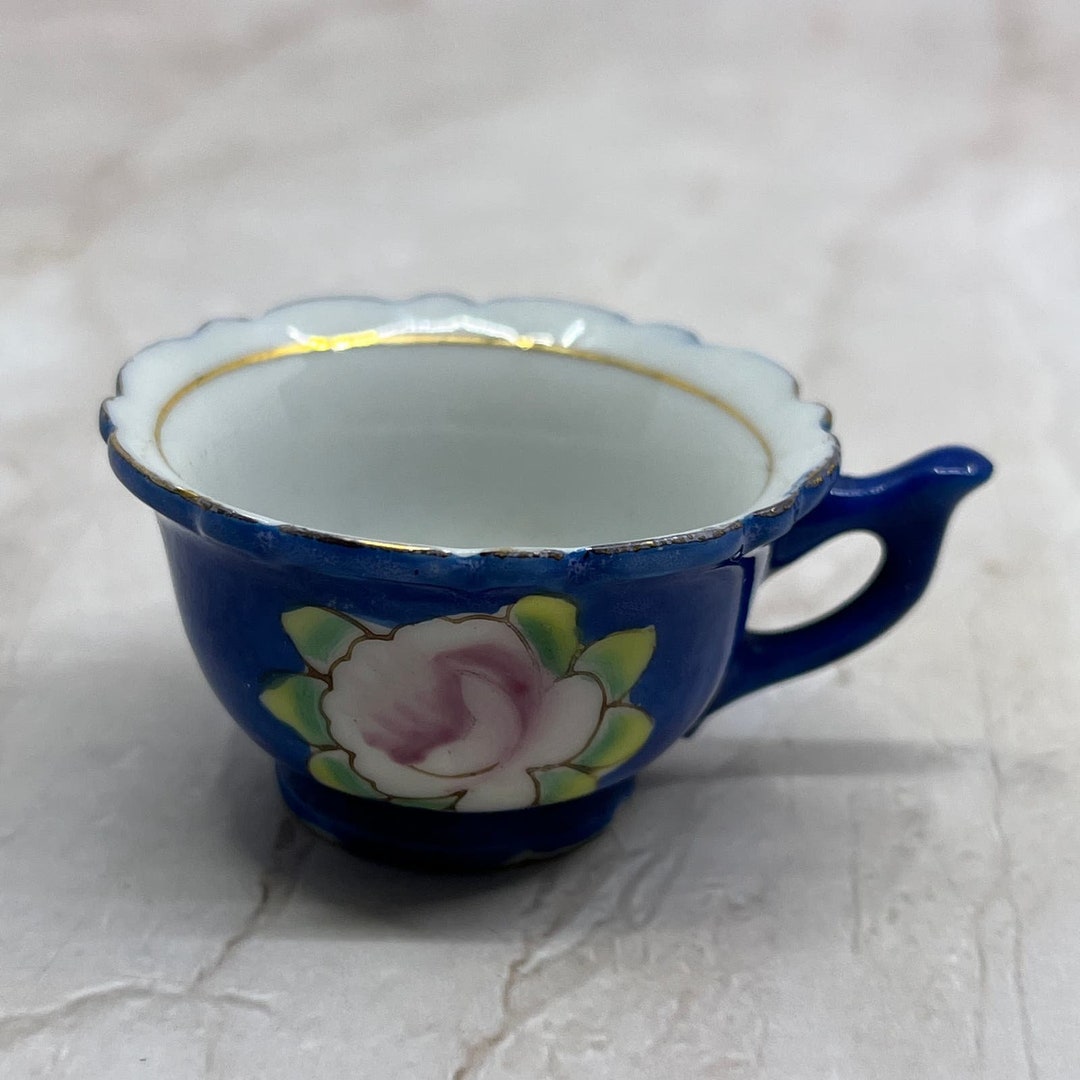 Vintage Miniature Porcelain Tea Cup Blue and Pink Floral Gold Trim ...
