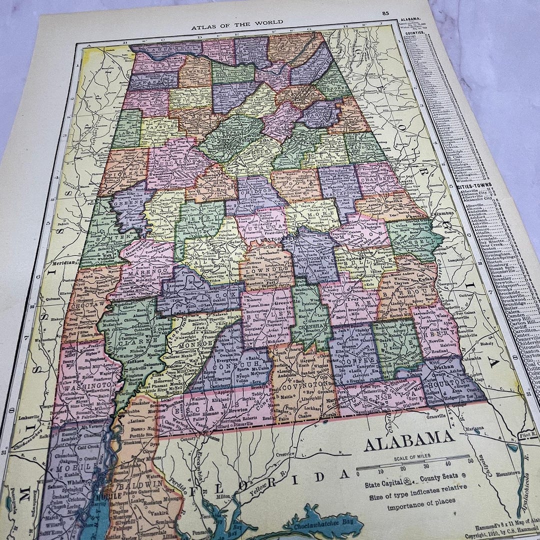 Map of Alabama 1910 Print V14-7 - Etsy