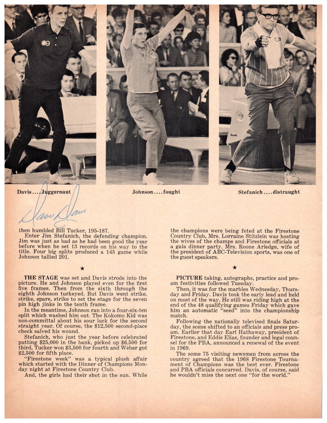 PBA Dave Davis Autograph 1969 Bowling Program Ad D25 - Etsy