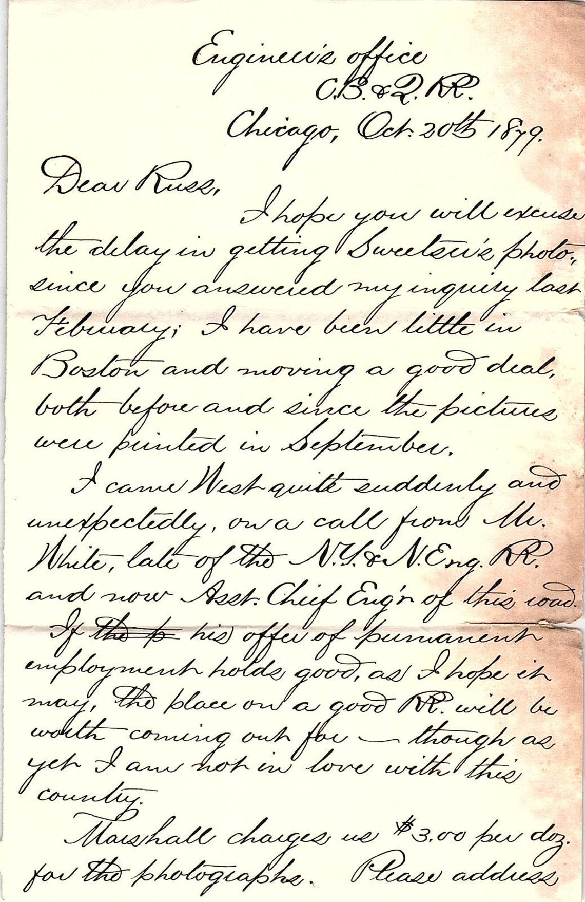 1879 Handwritten Letter Engineer's Office C.B. & Q. RR W.K. Means AF4-1 ...