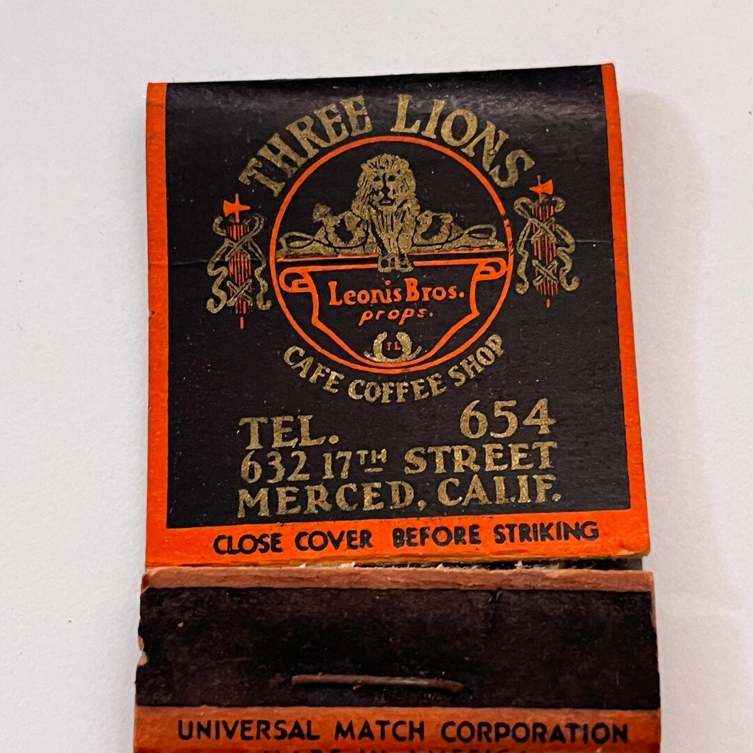 Three Lions Cafe Leonis Bros Merced California Vintage Matchbook Cover ...