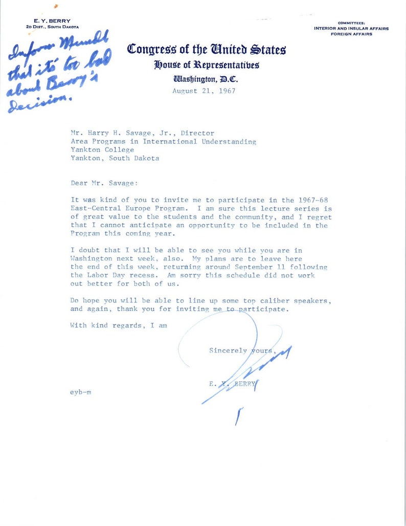 House of Representatives Official Letterhead Signed E.Y. Berry Aug 1967 ...