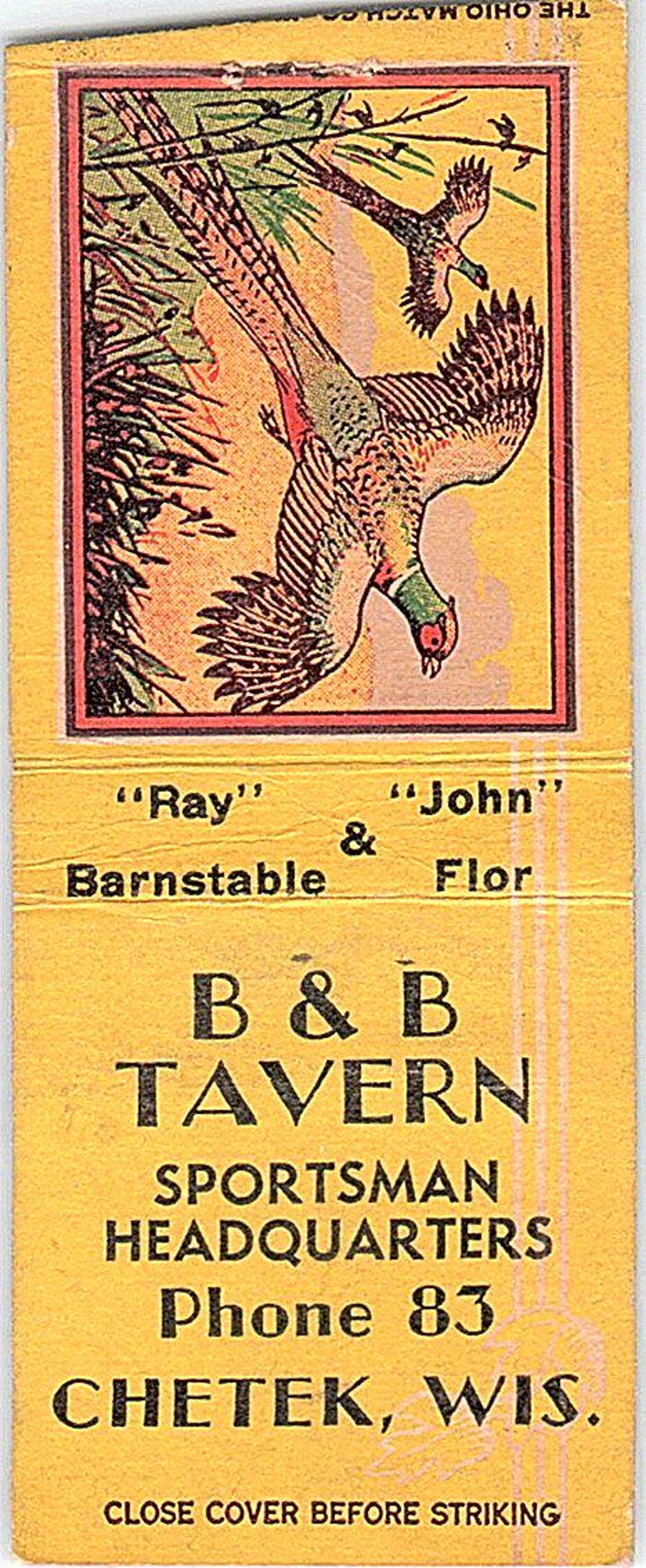 B&B Tavern Ray and John Barnstable Chetek WI Vintage Matchbook Cover ...