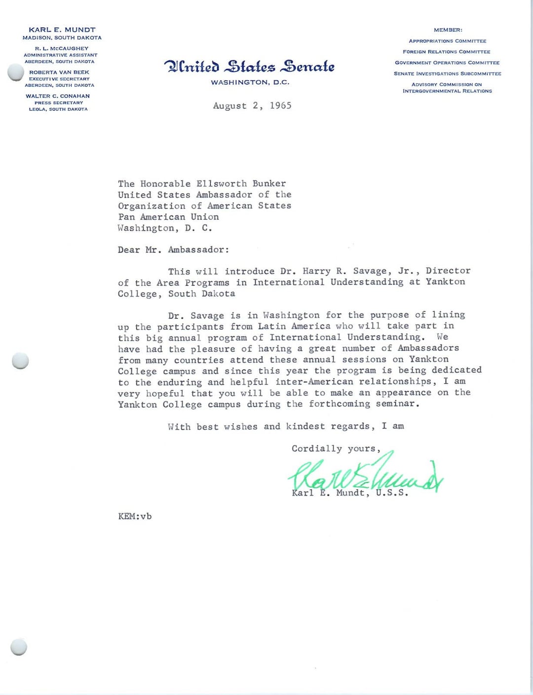 South Dakota Senator Karl Mundt Official Letterhead Signed Memo 1965 ...