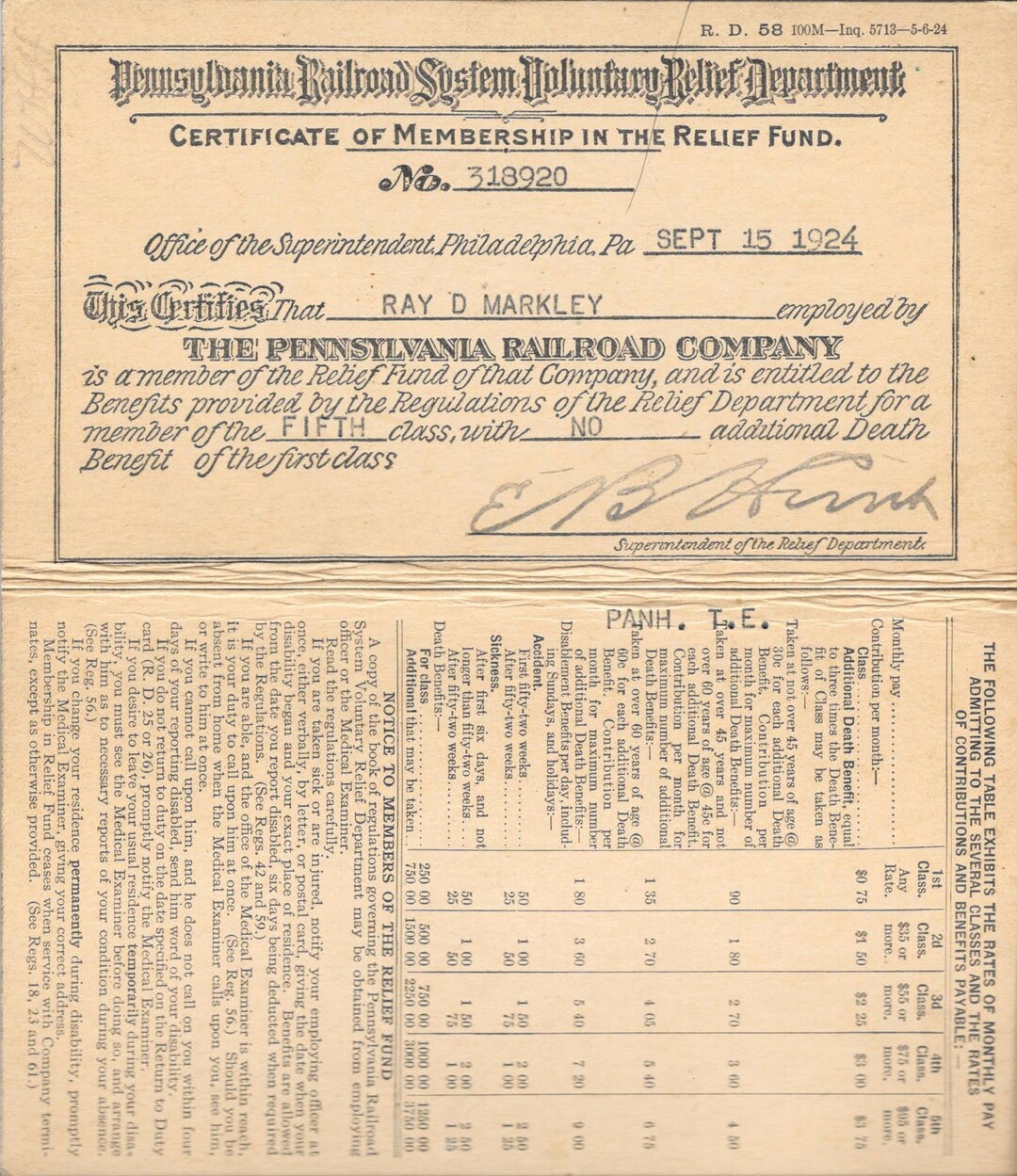 1924 Pennsylvania Railroad System Relief Fund Membership Certificate ...
