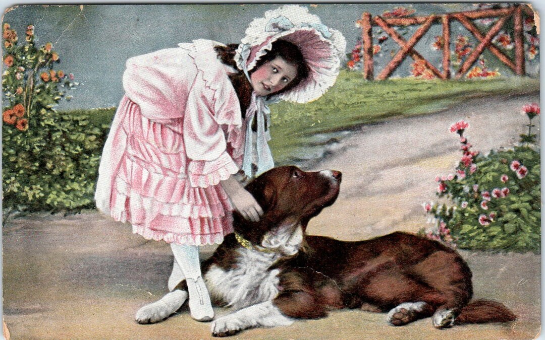 Victorian Girl in Bonnet With Large Brown Retriever Dog C1909 Postcard ...