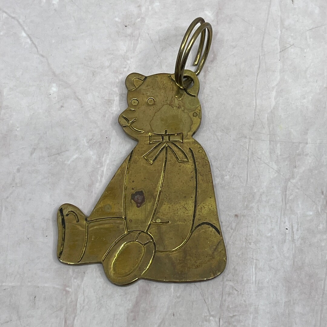 Vintage Gordon Fraser Teddy Bear W/ Bow 3” Solid Brass Keychain Fob ...