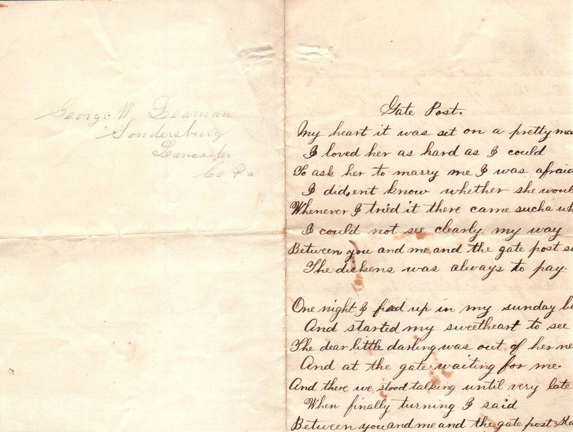 1870s Handwritten Poetry Gate Post Poem George W. Leaman Soudersburg PA ...