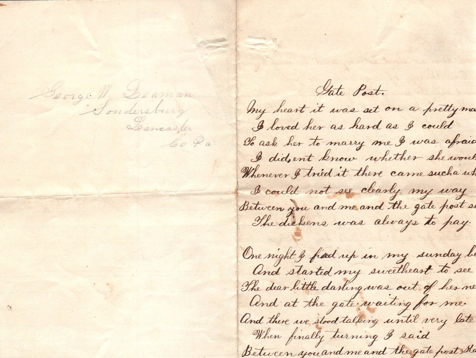 1870s Handwritten Poetry Gate Post Poem George W. Leaman Soudersburg PA ...