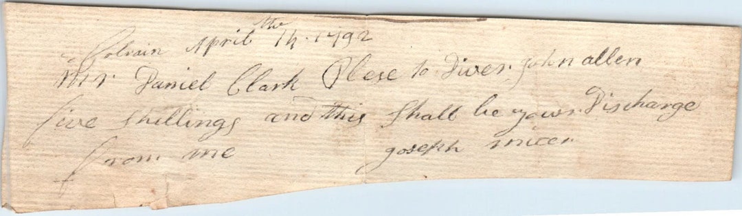 1792 Handwritten Receipt Colrain Massachusetts Daniel Clark John Allen ...