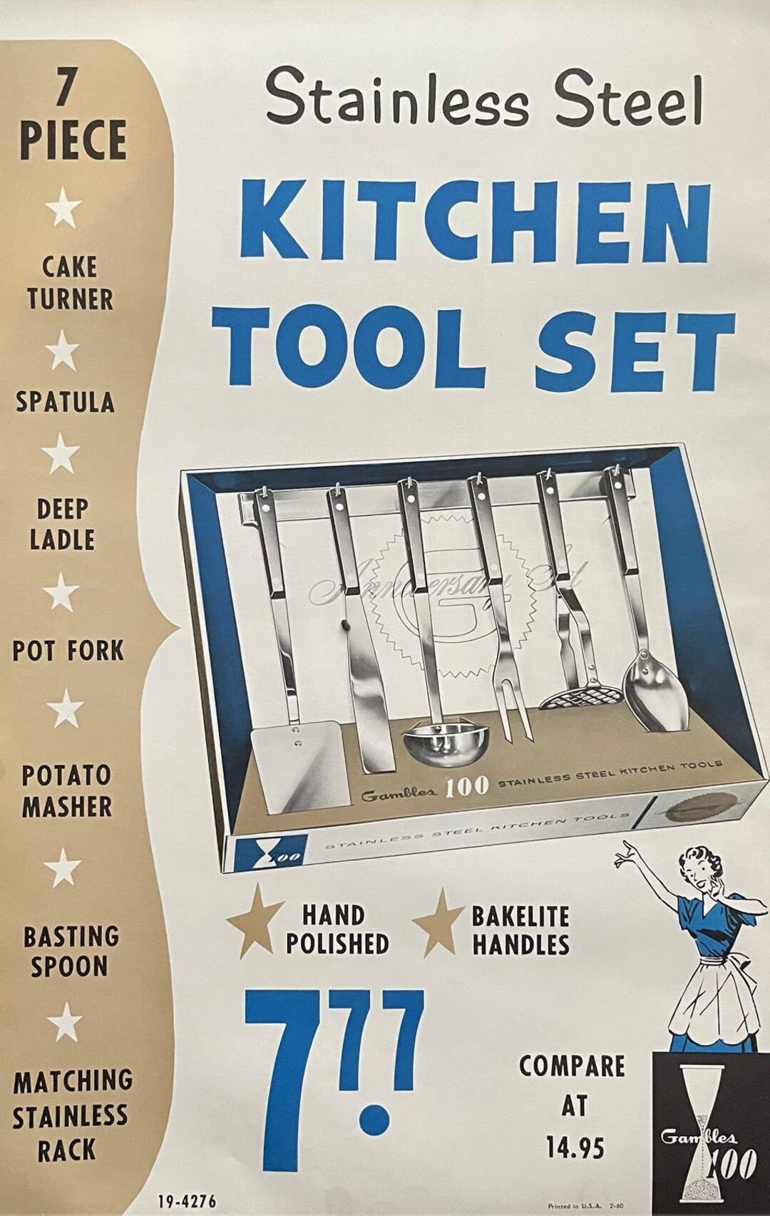1960 Stainless Steel Kitchen Tool Set Gambles 100 Store Display Poster ...
