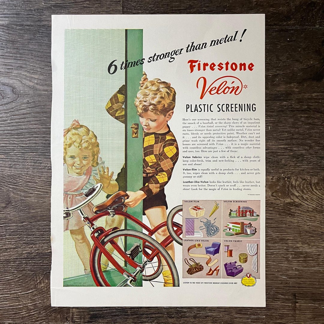 Firestone Velón Plastic Screening Boy With Tricycle Magazine Ad 10x14 ...