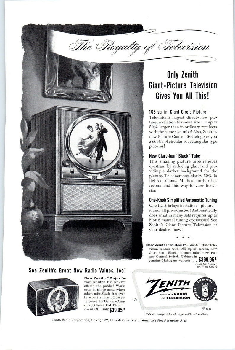 Zenith Giant-picture Television TV Teleset - Vintage Magazine Ad D20 - Etsy