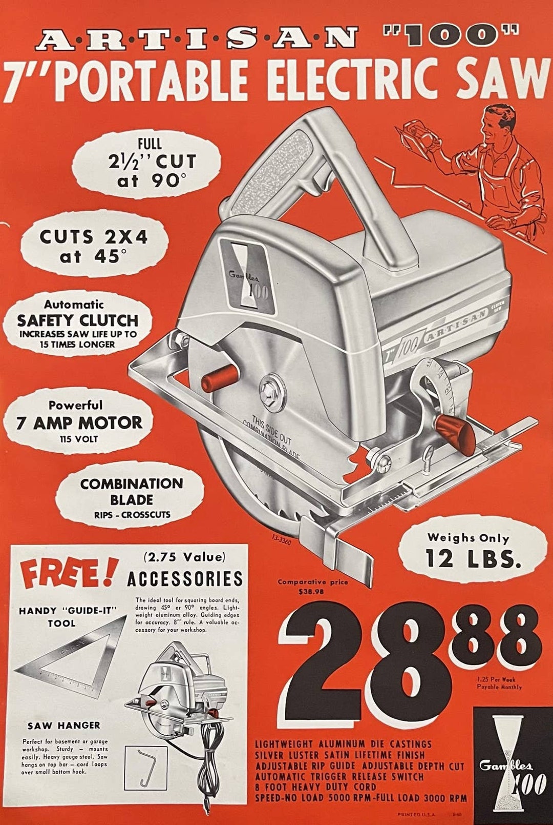 1960 Artisan 7" Portable Electric Saw Gambles 100 Store Display Poster ...