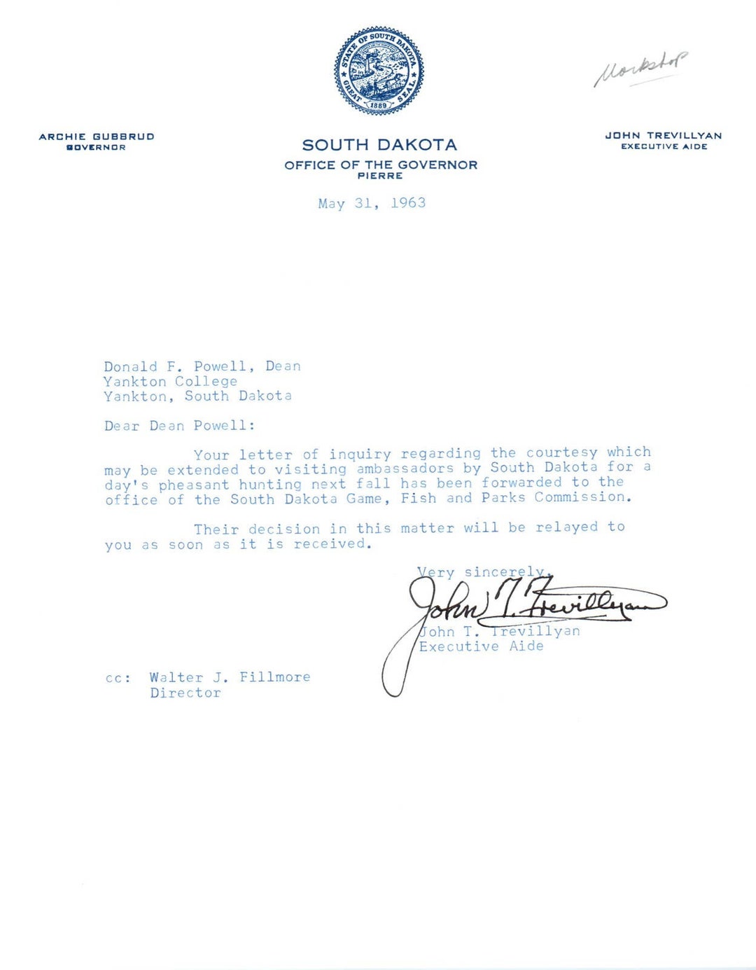 South Dakota Governor Archie Gubbrud Letterhead Memo May 31, 1963 TK1 ...