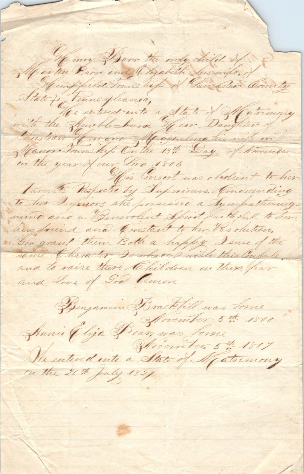 1840s Genealogy Henry Barr Lancaster PA Anna, Martin Bear Benjamin ...