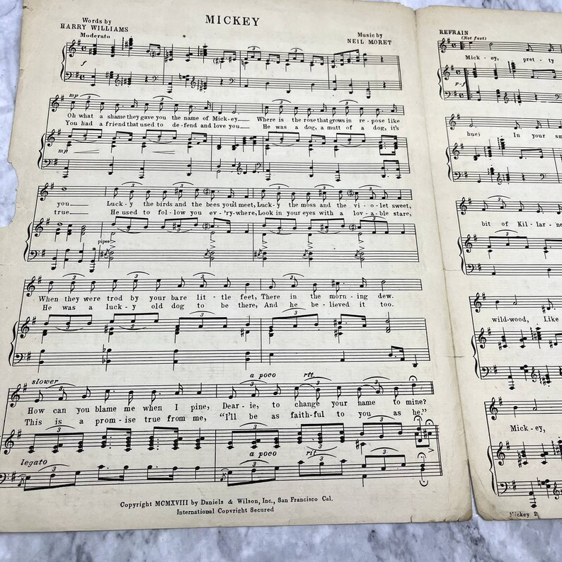 Mickey - Harry Williams Neil Moret 1918 Sheet Music TK2-SM2 - Etsy